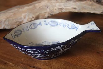 Milj&ouml;g&aring;rden Mediterane Schale (Ocean) blau-wei&szlig; stoneware i.Fischform, L 23,5 cm, Servierschale