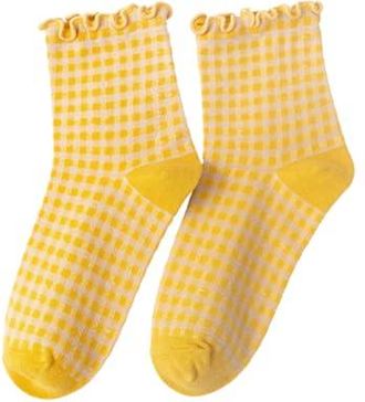 Generic Chaussettes rondes d&eacute;contract&eacute;es &agrave; volants ray&eacute;es pour femme avec jarreti&egrave;re, jaune, Taille unique