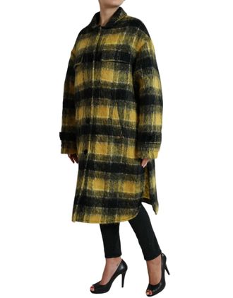 Dolce & Gabbana Womens Yellow Plaid Long Sleeve Casual Coat Jacket Clothing