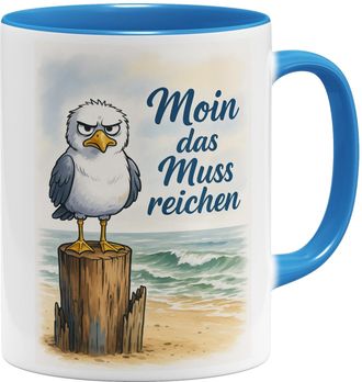 OM3 lustige M&ouml;we Aquarell Kaffee-Tasse mit Spruch - Moin das muss reichen - Maritim K&uuml;ste Norddeutschland - Keramik Becher - 325ml - Beidseitig Bedruckt -