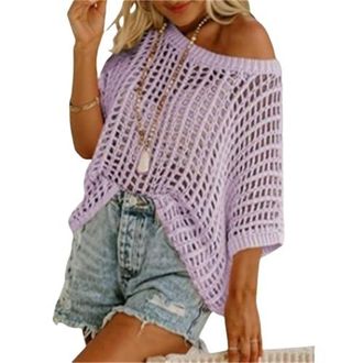 Generic Haut en tricot &eacute;labor&eacute;, pull &agrave; manches courtes pour femme, hauts en crochet pour femme, violet clair, XXL