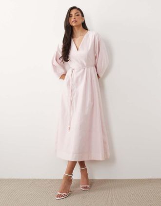 Forever New Leinen-Midikleid in Rosa mit V-Ausschnitt und Bindedetail