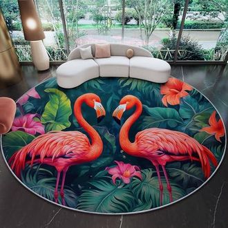 Generic Tapis Rond Salon Diamètre 80 cm, Vintage Illustration de flamant rose Jungle Imprimé Vert Foncé Tapis de Sol Décoration Antidérapant pour Salon Chambr