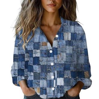Generico Femme Chemise D&eacute;contract&eacute;e Manches Longues Chemisier Coton Et Lin Curvy Respirant Chemises Col en V Doux T Shirt Vintage Imprim&eacute; Boutons Classique Blo