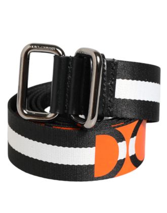 Dolce & Gabbana Mens Black White Striped Logo Metal Buckle Belt And Nylon Calf Leather