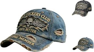 Generic Old Fuckers Club Casquette de baseball vintage vieilli - Chapeau de papa en denim d&eacute;lav&eacute; avec cr&acirc;ne, boucle r&eacute;glable, style brod&eacute;, bleu jean, Taille u