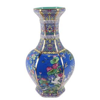 Ori&euml;ntique Chinesische Vase Porzellan Blumen V&ouml;gel Blau D19xH32cm China Dekorative Blumenvase Orientalische