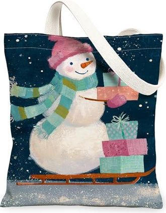 Generic Sacs fourre-tout en toile motif bonhomme de neige dhiver, sacs d&eacute;picerie r&eacute;utilisables, vintage lavables et l&eacute;gers avec bandouli&egrave;re, Bleu, 13x15 Inch