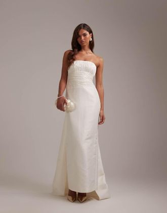 Asos Robe de mari&eacute;e &agrave; bretelles fines avec buste fronc&eacute; et jupe droite - Ivoire-Blanc