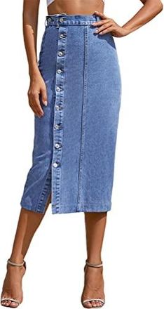 ORANDESIGNE Jupe Crayon Extensible pour Femmes Jeans Décontractés Élégant Taille Elastique A-Ligne Jupe Solide été Midi Jupe A01 L