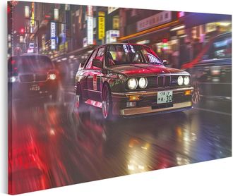 Islandburner Bild auf Leinwand Klassischer BMW in der neonbeleuchteten Stadtgeschwindigkeit für Garage Autoliebhaber Autowerkstatt Bilder Wandbilder Poster