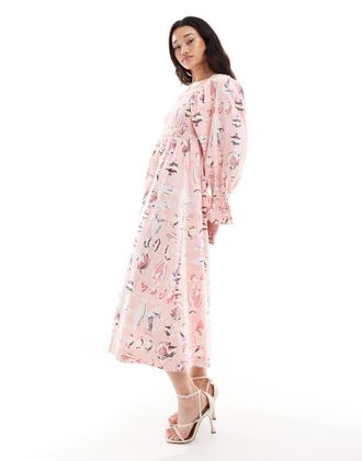 Object Midi-H&auml;ngerkleid in Rosa mit Fisch-Print in Vintage-Waschung-Bunt
