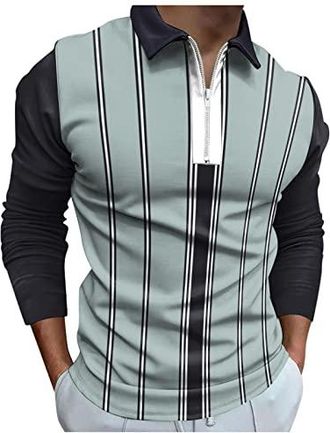 Generic Polo ray&eacute; &agrave; manches longues pour homme avec fermeture &eacute;clair 1/4 - Coupe ajust&eacute;e - Col extensible, Polo &agrave; manches longues bleu ciel pour homme, M