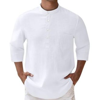 Generic Sweat &agrave; capuche pour homme - Chemise de plage blanche en lin - T-shirt &agrave; manches longues en lin - Chemises de plage blanches &agrave; manches courtes - T-shi
