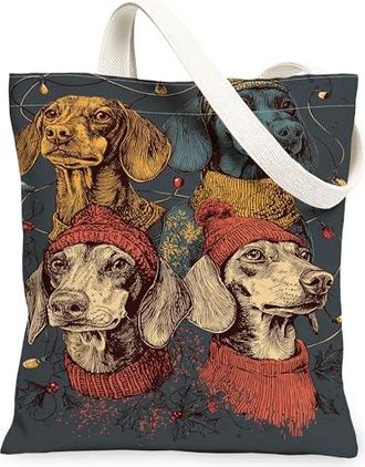 Generic Sacs fourre-tout en toile pour chien, motif portrait danimaux mignons, sacs d&eacute;picerie r&eacute;utilisables, sacs d&eacute;picerie vintage, l&eacute;gers, lavables, Fonc&eacute;, 