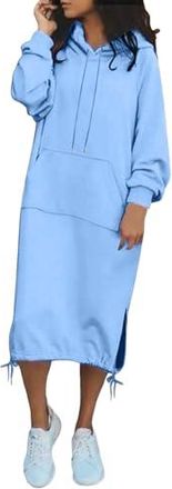 Generic Robe &agrave; capuche d&eacute;contract&eacute;e &agrave; manches longues avec poche, robe d&eacute;t&eacute; boh&egrave;me, id&eacute;ale pour la plage, les vacances, les vacances, bleu, 4XL