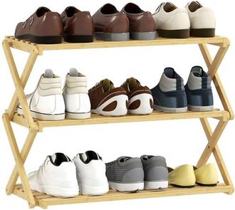 HOMCOM &eacute;troit Porte-Chaussures en Bambou, Porte-Chaussures Vertical Pliant &agrave; 3 Niveaux, sans Installation, Porte-Chaussures pour lentr&eacute;e, Le Couloir, la Cham