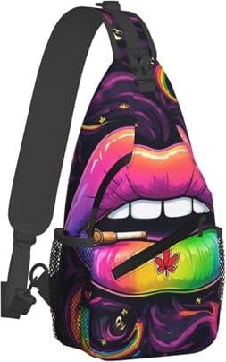 Generic Durable Sacoche Bandouliere L&egrave;vres psych&eacute;d&eacute;liques &agrave; lRainbow et au cannabis, art cool pour fumeurs Sac Bandouli&egrave;re R&eacute;glable Sac &agrave; Poitrine pour Randon