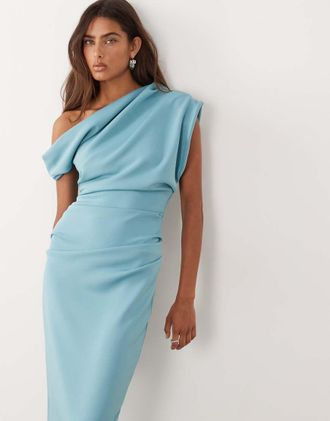 Asos Robe mi-longue asym&eacute;trique en tissu imitation n&eacute;opr&egrave;ne &agrave; &eacute;paules d&eacute;nud&eacute;es - Bleu