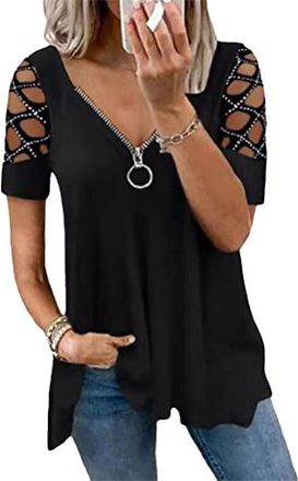 Onsoyours Femme Tee Shirt Été Élégant Tunique Mode Col en V Chemise Fermeture Éclair Couleur Unie T-Shirt À Manches Courtes Sexy Épaules Dénudées Tops Hauts Blo
