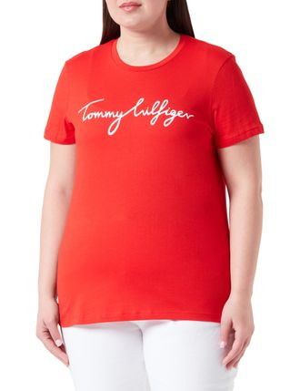 Tommy Hilfiger Damen T-Shirt Kurzarm Rundhalsausschnitt, Rot (Fierce Red), XXS