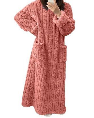 Generic Peignoir en flanelle pour femme, chemise de nuit chaude en polaire confortable et douce, v&ecirc;tement de d&eacute;tente chaud pour lhiver, pyjama d&eacute;contract&eacute; &agrave; c