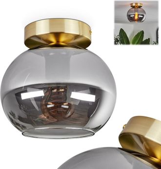 HOFSTEIN Deckenleuchte Apedo, Deckenlampe aus Metall/Glas in Messingfarben/Rauchfarben, Leuchte im Retro/Vintage-Design mit Schirm aus Glas (&Oslash; 20 cm), 1 x E27,