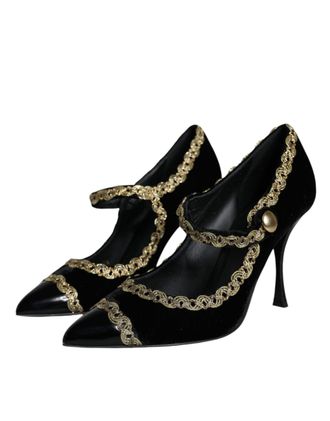 Dolce & Gabbana Womens Black Mary Janes Velvet Gold Pumps Shoes