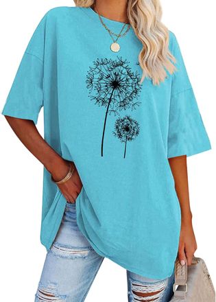 Dresswel Tshirt Damen Oversize Pusteblume Druck T-Shirt Kurzarm Rundhals L&auml;ssiges L&ouml;wenzahn Blumen Tee Shirts Sommer Oberteile Lose Lang Tops Bluse f&uuml;r Teenage