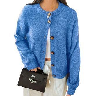 Generic Cardigan tricot&eacute; en cachemire, chandails en tricot cachemire vintage pour femmes, cardigan court boutonn&eacute; sur le devant, pull doux &agrave; col rond, bleu, X