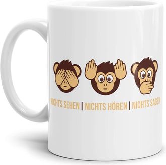 Tassendruck Tasse -AFFE- mit Spruch: Nichts Sehen, Nichts Hören, Nichts Sagen - Weiss -/Smiley/Affen-Kopf/Lustig/Witzig/Spaßig/Mug/Cup