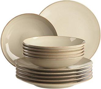 Mäser 931734 Ossia, Teller-Set für 6 Personen im mediterranen Vintage-Look, 12-teiliges modernes Tafelservice mit Suppentellern und Speisetellern in sandige