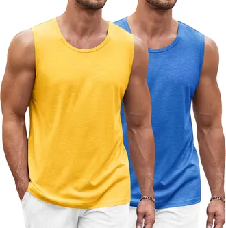Coofandy Herren Tanktop Ärmelloses Muskelshirts Fitness Sleeveless Shirt Atmungsaktiv Laufshirt Achselshirts Hoodie für Gym Running Training Gelb/Blau(2 Stück)