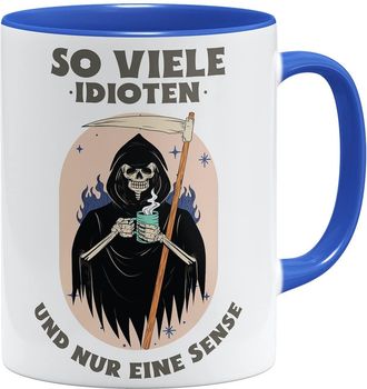 OM3 So viele Idioten und nur eine Sense Tasse mit Sensenmann II - Keramik Becher - 11oz 325ml - Beidseitig Bedruckt - Royalblau