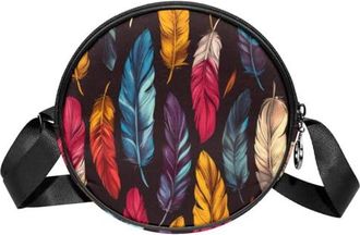 Generic Sac &agrave; bandouli&egrave;re rond pour femme, motif plumes doiseau, sac &agrave; bandouli&egrave;re avec fermeture &eacute;clair, bretelles r&eacute;glables, sac &agrave; main rond d&eacute;contract&eacute; pou