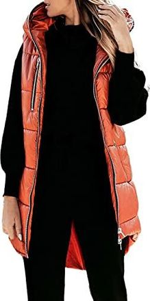 Onsoyours Gilet Long pour Femme Gilet Matelassé Léger Veste à Capuche Gilet Dhiver Uni Coupe-vent Fermeture Eclair Veste Doudoune Veste Dextérieur B Orange 3XL