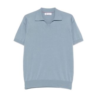 Brunello Cucinelli Homme, Tops, Bleu, Taille: 3XL Polo en maille &agrave; manches courtes