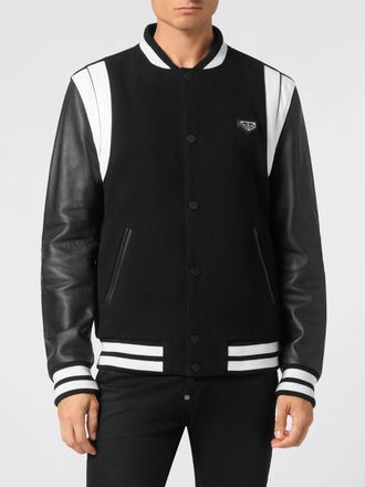 Philipp Plein Blouson bomber en cuir de veau et tissu avec finitions contrast&eacute;es
