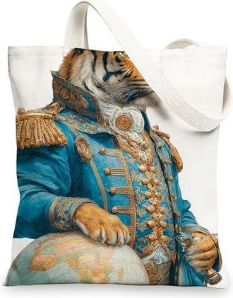 Generic Sacs fourre-tout en toile artistique, illustration de tigre vintage, sacs dépicerie réutilisables, légers et lavables, sac en toile à bandoulière, ble