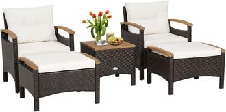 Costway Salon de Jarin 5 Pcs en Polyrotin Anti-UV, 2-4 Personnes avec Coussins, 2 Fauteuils, 2 Tabourets et 1 Table Basses Marron