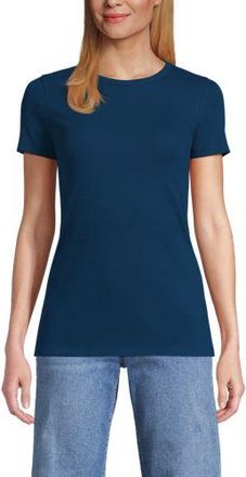 Lands End Feinripp-Shirt mit Rundhalsausschnitt und kurzen Ärmeln, Damen, Größe:44-46 regular, Blau, Baumwolle/Elasthan, by Lands End
