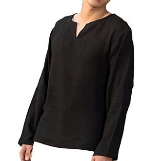 Generic Chemise classique &agrave; manches longues en coton et lin pour homme, Noir, 3XL