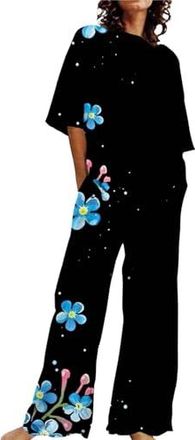 Generic Pyjama avec poches pour femme - Ensemble deux pièces pour femmes - Tenues dété - T-shirts à manches courtes et pantalons taille élastique pour sortir,