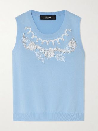 Versace Pull Sans Manches Raccourci En Laine Et Cachemire Mélangés À Ornements - Bleu