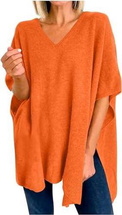Generic Poncho Pull Femmes Élégant Col En V Manches Courtes Côté Fendu Pull Pulls Décontracté Lâche Couleur Unie Câble Top En Tricot (Color : Orange, Size : X