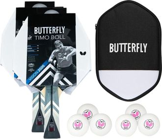 Butterfly 2 x Timo Boll Vision 2000 Tischtennisschläger + Cell Case Tischtennishülle + 2 x 3*** ITTF R40+ Tischtennisbälle | Tischtennisschlägerset | Tischtenni