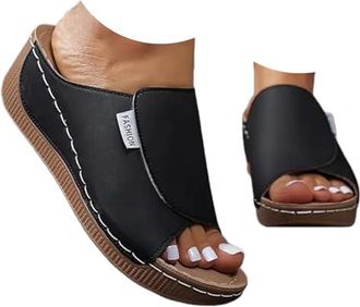 Generic Sandales orthop&eacute;diques compens&eacute;es en cuir &eacute;pais pour femme - Bout ouvert - Chaussures de marche d&eacute;contract&eacute;es - Pour voyage, vacances - Confortable - 