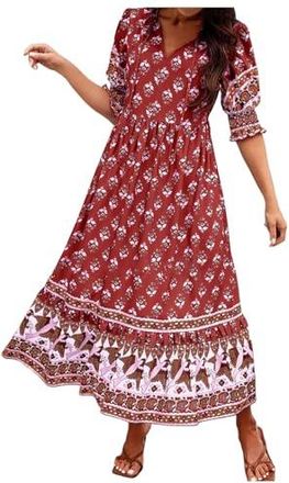 Generic Robes boh&egrave;me 2026 pour femmes 2024 robe maxi florale boh&egrave;me, rouge brique, M