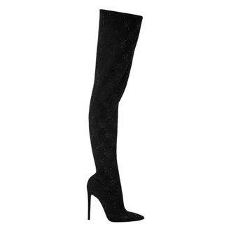 Philipp Plein Femme, Chaussures, Noir, Taille: 40 EU Bottes Stretch en Daim &agrave; Talons Hauts Overknees Monogram
