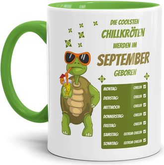 Tassendruck Geburtstags-Tasse Die Coolsten Chillkröten Werden im September Geboren Innen & Henkel Hellgrün - Mug/Cup/Becher/Lustig/Witzig/Geschenk-Idee